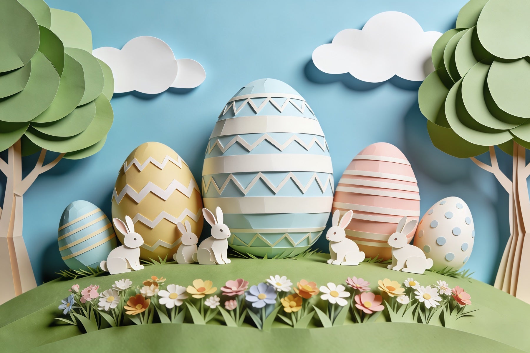 Easter Cute Backdrop Paper Craft Bunny Pastel Eggs Backdrops For Easte