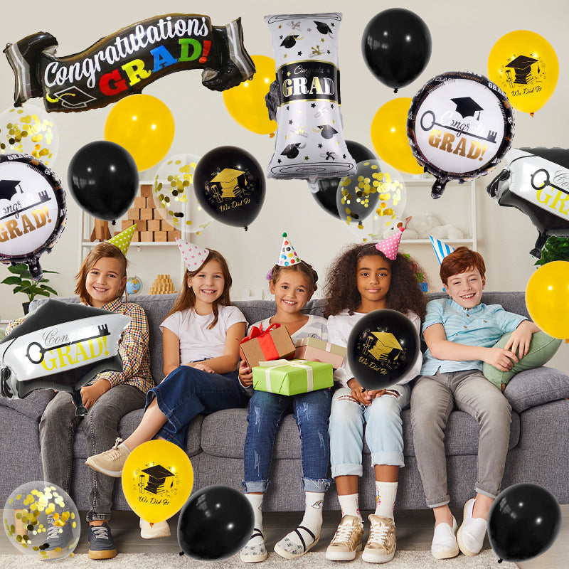 Graduation Party Black and Gold Balloon Set Celebration Scene Decorati ...