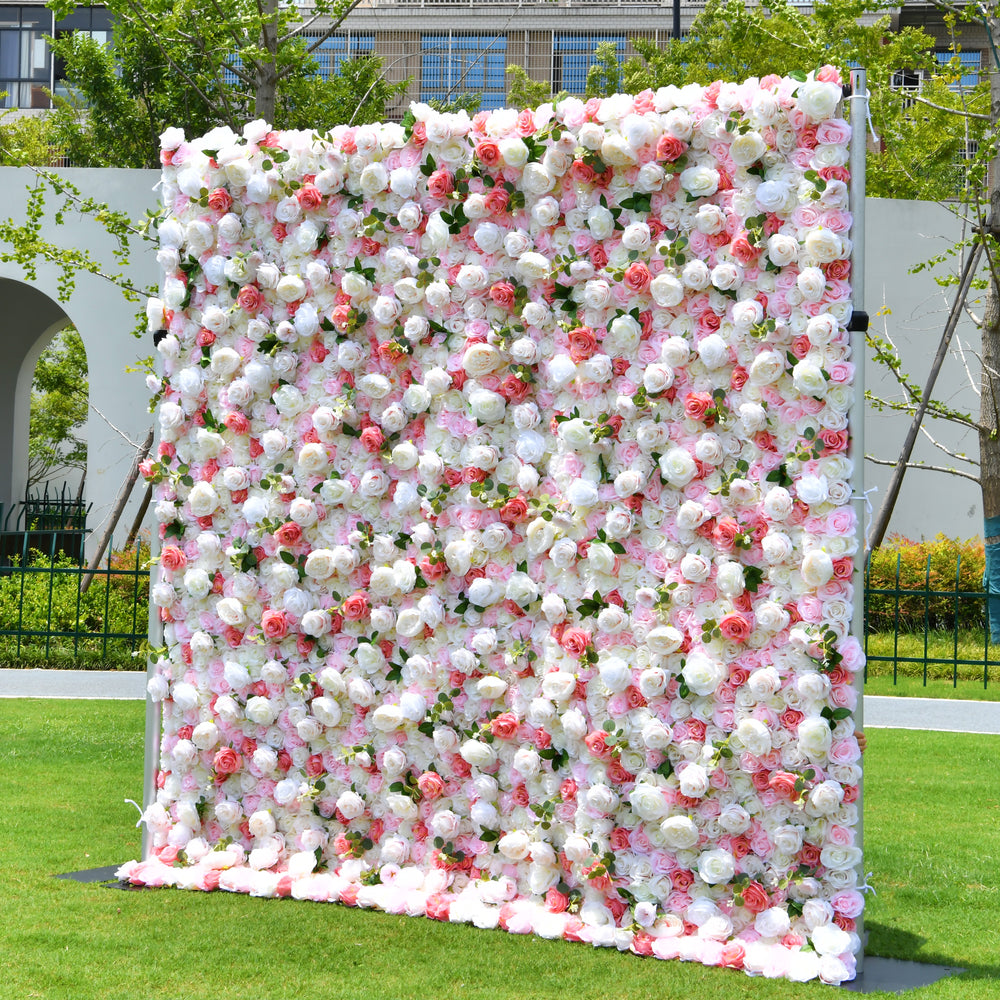 5D Pink White Artificial Rose Roll Up Flower Wall Events Backdrop ACFW