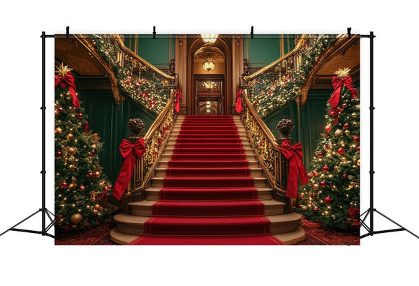 Christmas Photo Backdrop Stairs Twinkling Lights Ornaments Backdrop BR