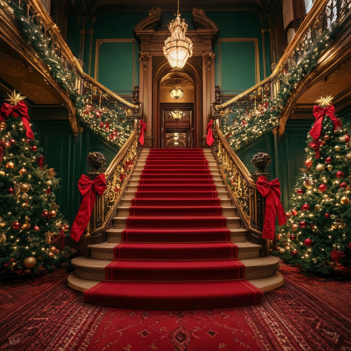 Christmas Photo Backdrop Stairs Twinkling Lights Ornaments Backdrop BR