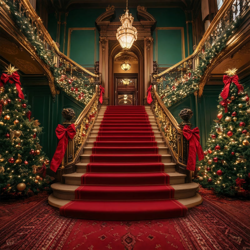 Christmas Photo Backdrop Stairs Twinkling Lights Ornaments Backdrop BR