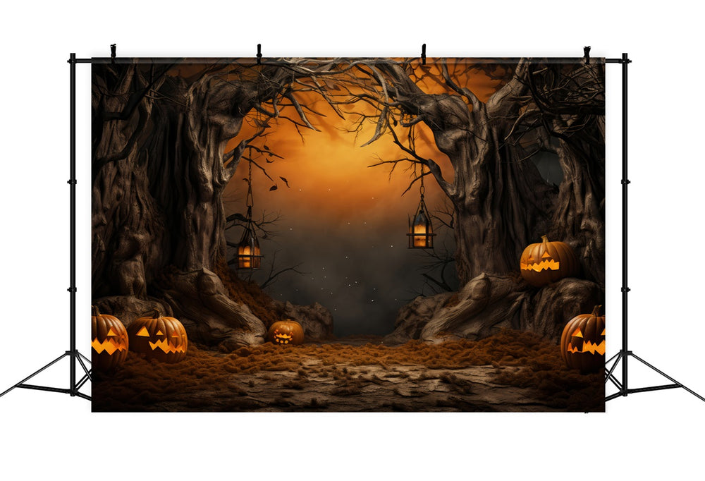 Halloween Photography Backdrops Spooky Pumpkin Lanterns Forest Backdro