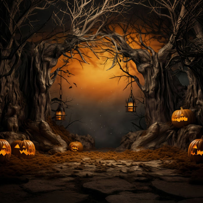 Halloween Photography Backdrops Spooky Pumpkin Lanterns Forest Backdro