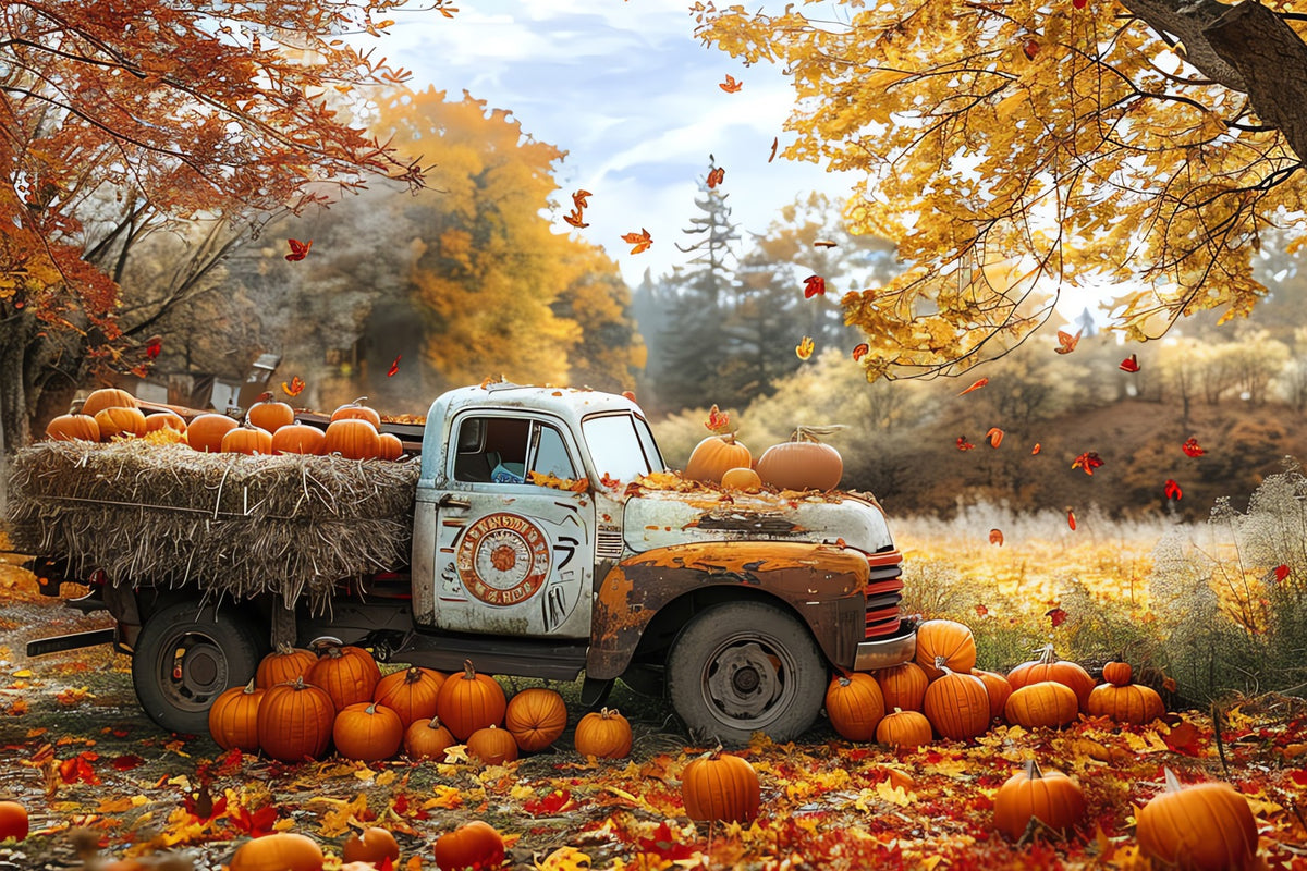 Fall Photo Booth Backdrop Truck Harvest Pumpkins Backdrop BRP10-259 – Dbackdrop