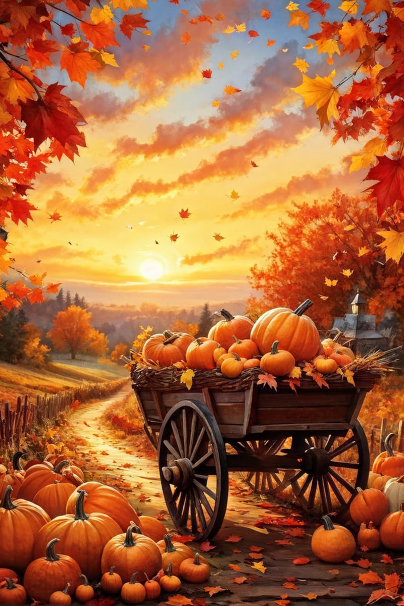 Fall Photography Backdrops Pumpkin Wagon Pathway Sunset Backdrop BRP10