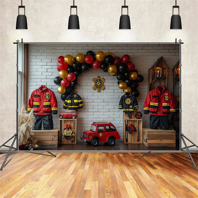 Birthday Party Background Fireman Uniforms Balloons Truck Backdrop BRP