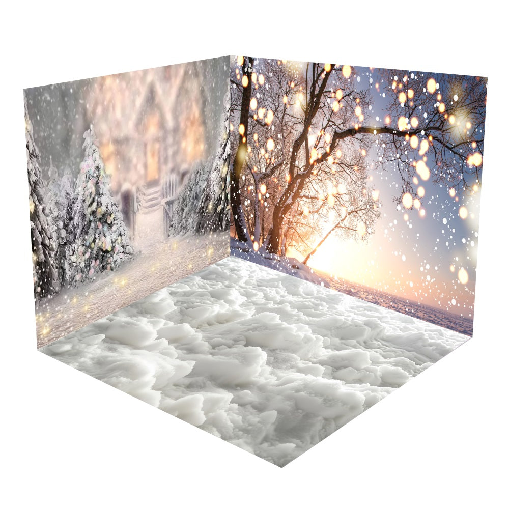 Winter Snowy Cottage Lights Backdrop Room Set BRP10-411 – Dbackdrop