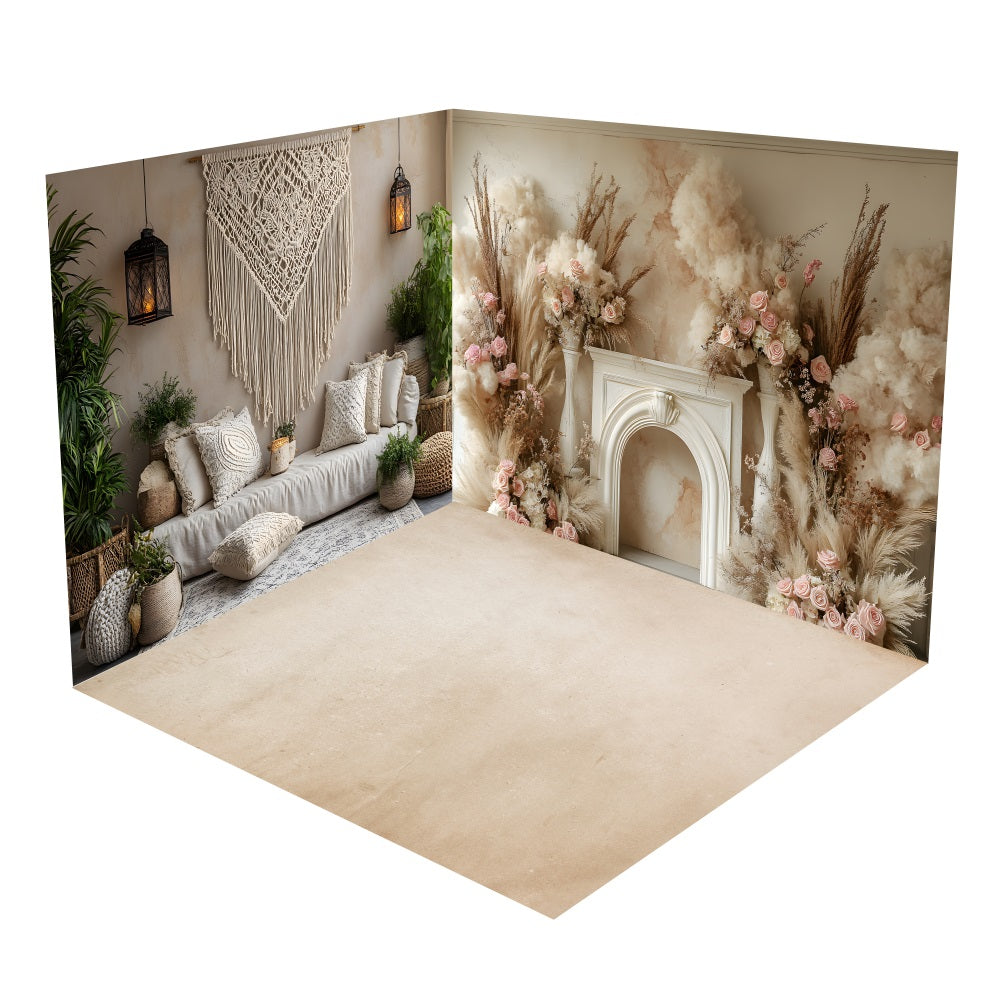 Bohemian Macramé Fireplace Floral Backdrop Room Set BRP10-423 – Dbackdrop