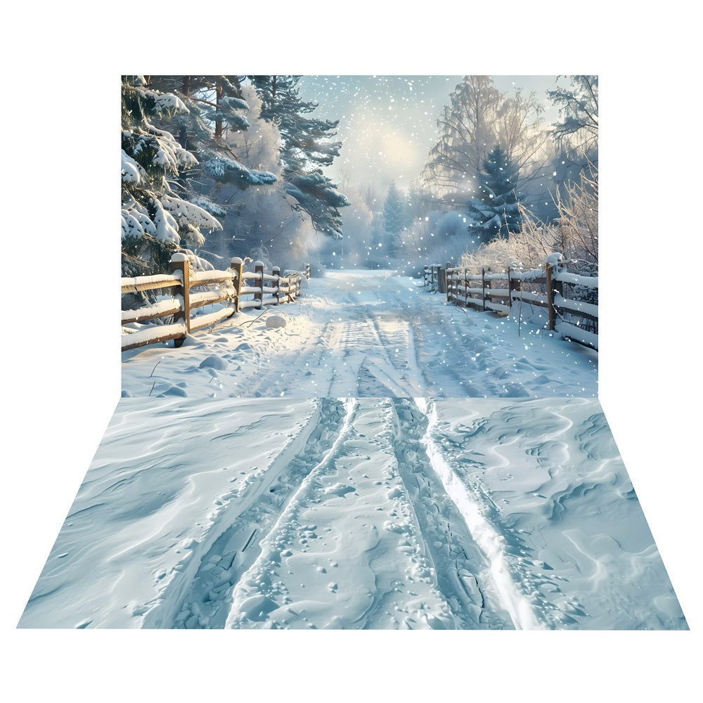 Winter Snowy Fence Trail Backdrop+Tracks Floor Backdrop BRP10-456 ...