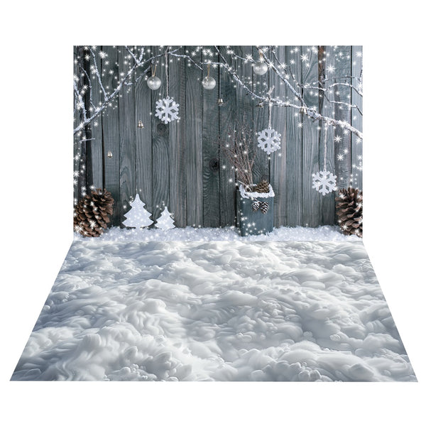 Winter Wood Fence Backdrop+Fluffy Snow Floor Backdrop BRP10-466