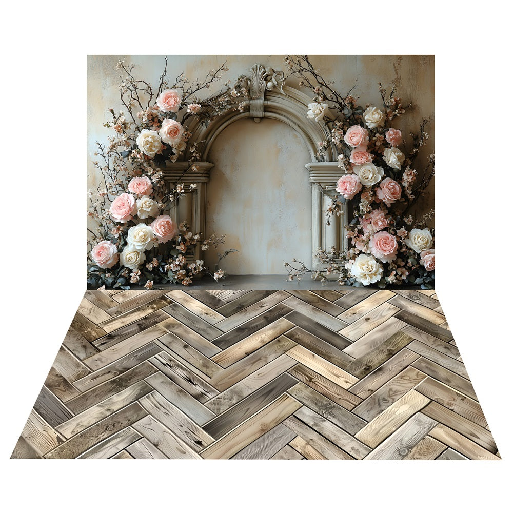 Boho Rose Arch Floral Backdrop+Classic Wood Floor Backdrop BRP10-500 ...