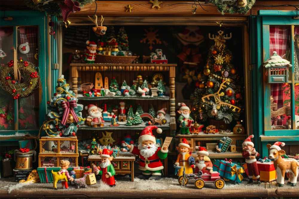 Christmas Themed Backdrops Santa's Workshop Miniature Village Backdrop