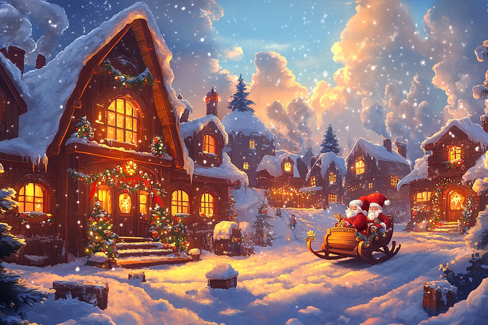 Photography Backdrops Christmas Santa's Sleigh Village Lights Backdrop