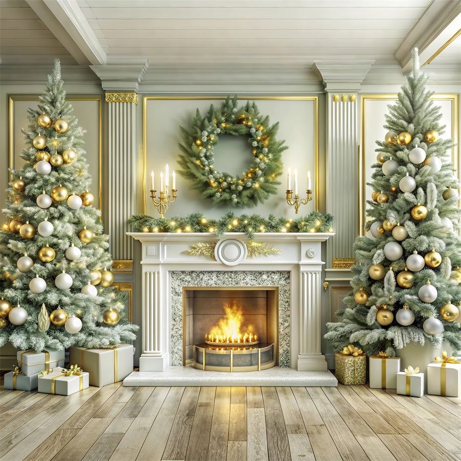Christmas Fireplace Backdrops Golden Festive Trees Backdrop BRP11-214