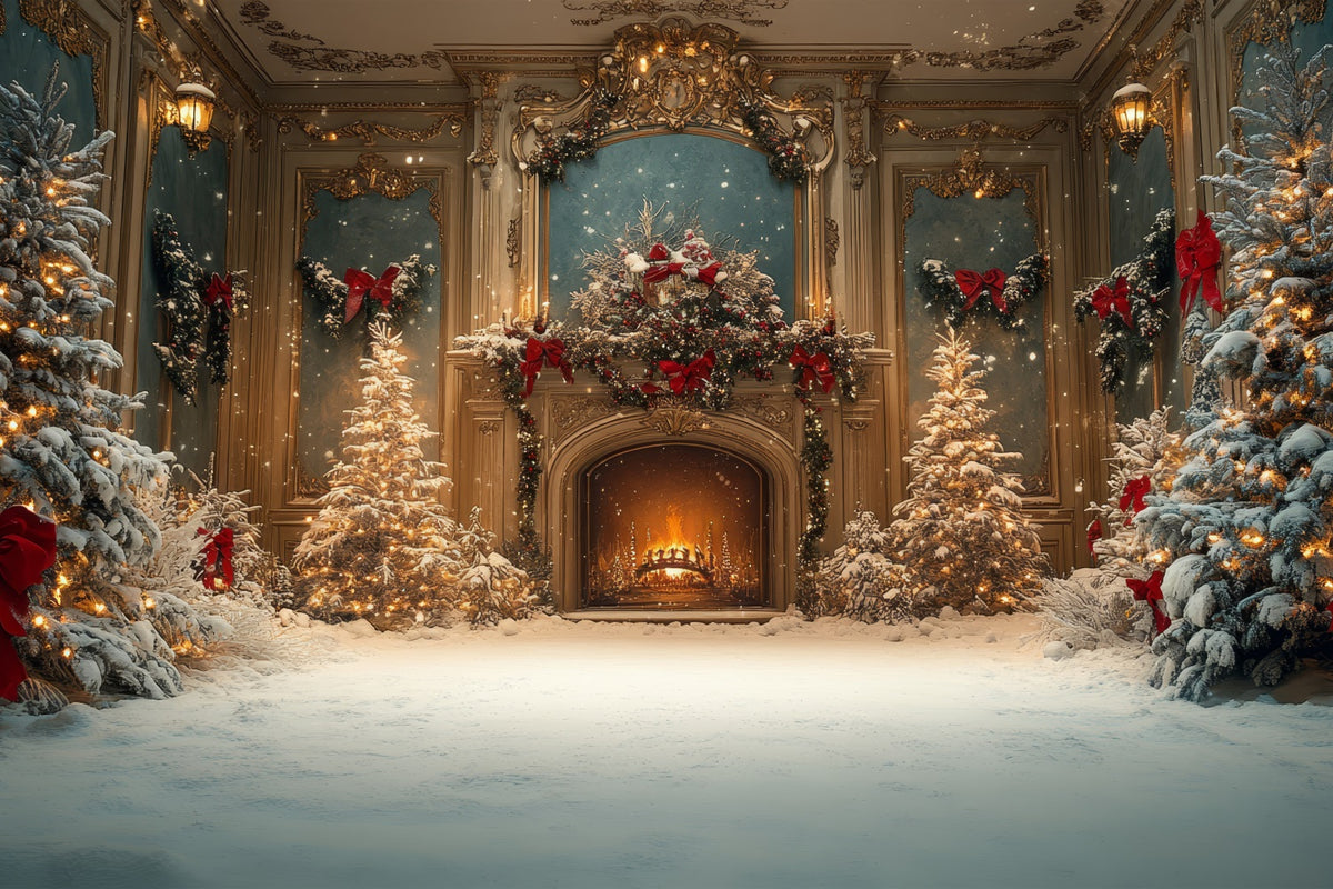 Christmas Fireplace Backdrop Trees Snowy Ballroom Backdrop BRP11-217 – Dbackdrop