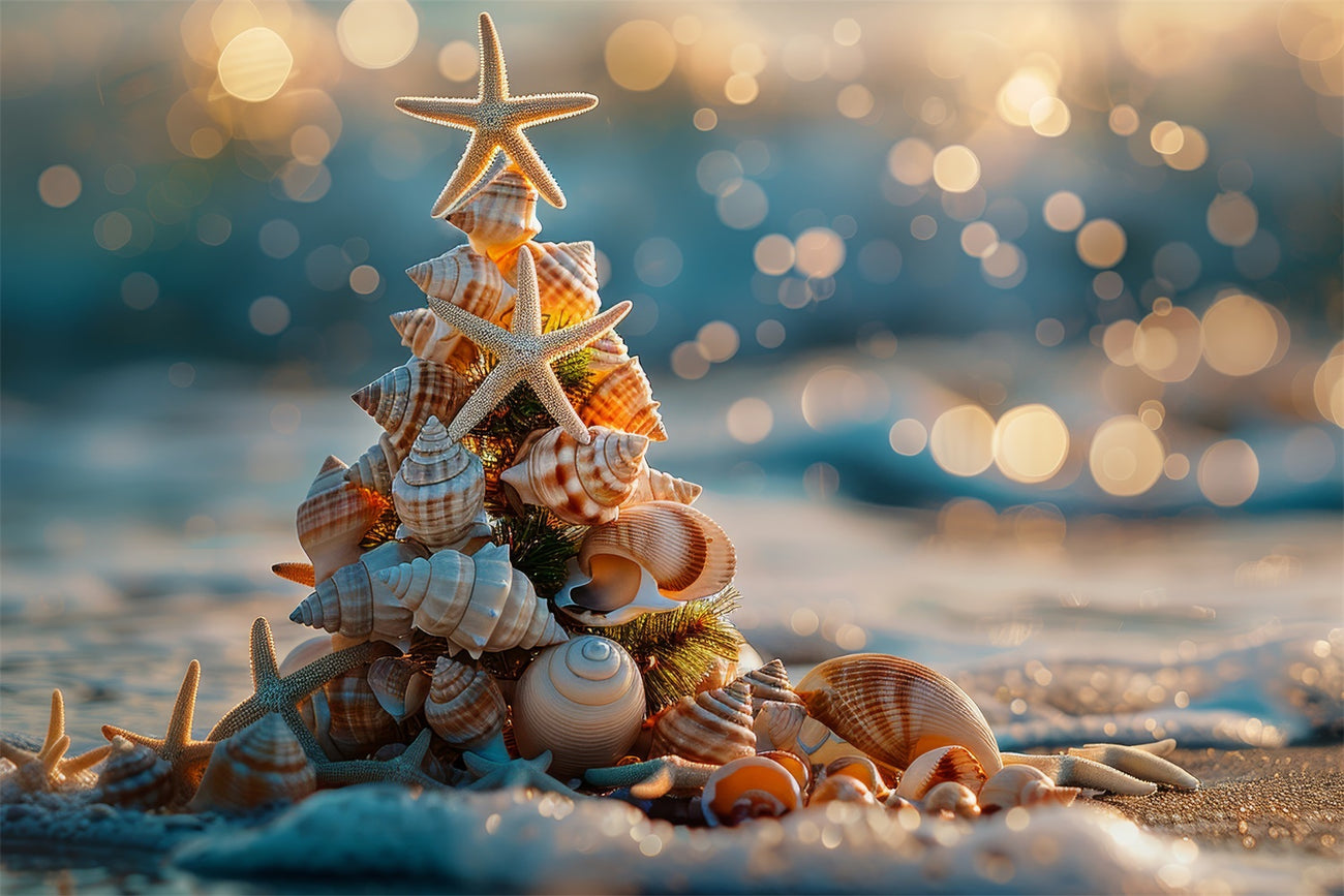 Christmas Fabric Backdrop Beachy Seashell Tree Starfish Backdrop BRP11