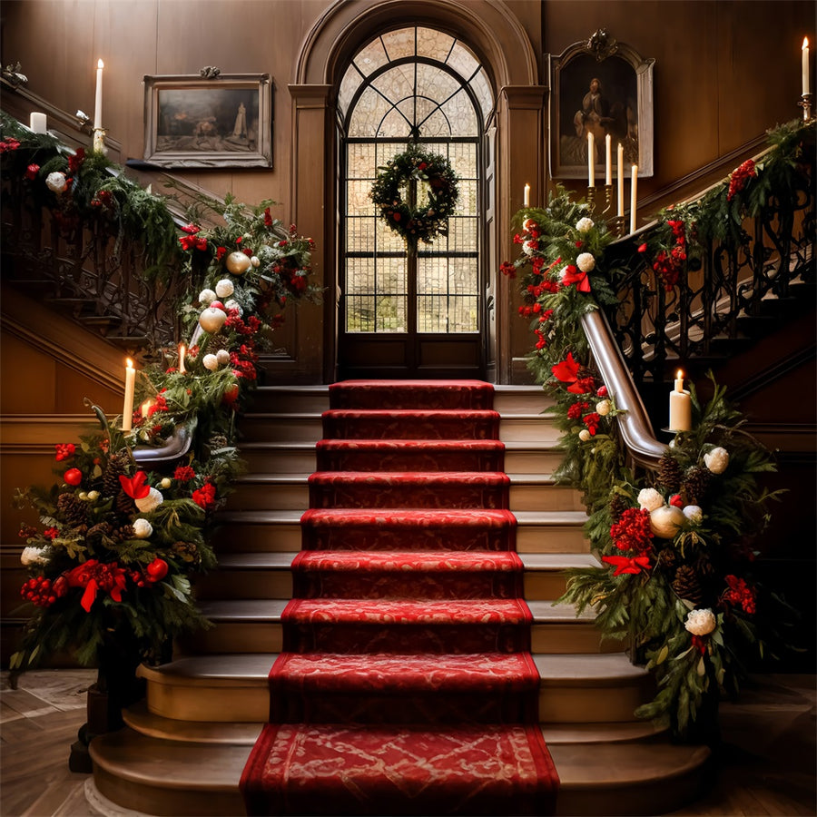 Elegant Christmas Backdrop Staircase Red Carpet Garland Backdrop BRP11
