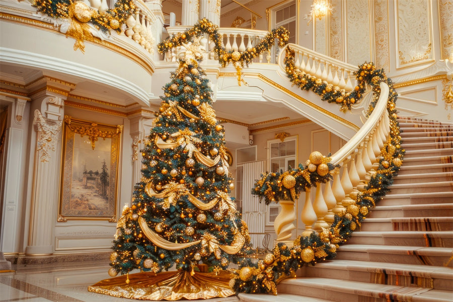 Christmas Party Backdrops Golden Staircase Tree Decor Backdrop BRP11-2