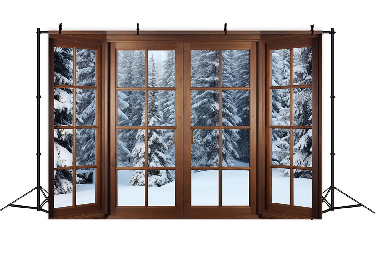 Winter Backdrop Ideas Snowy Pine Forest Through Window Backdrop BRP11-
