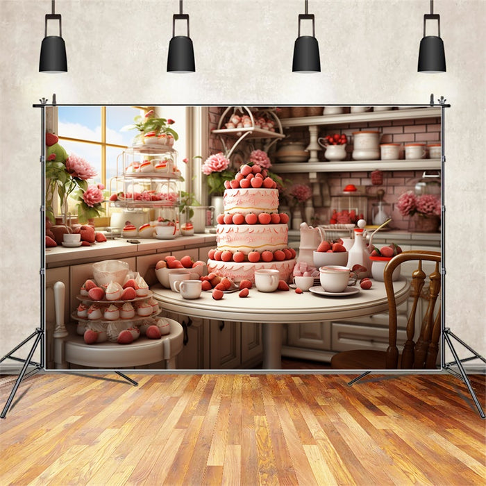 Valentine Backdrop Photography Strawberry-Laden Dessert Table Backdrop