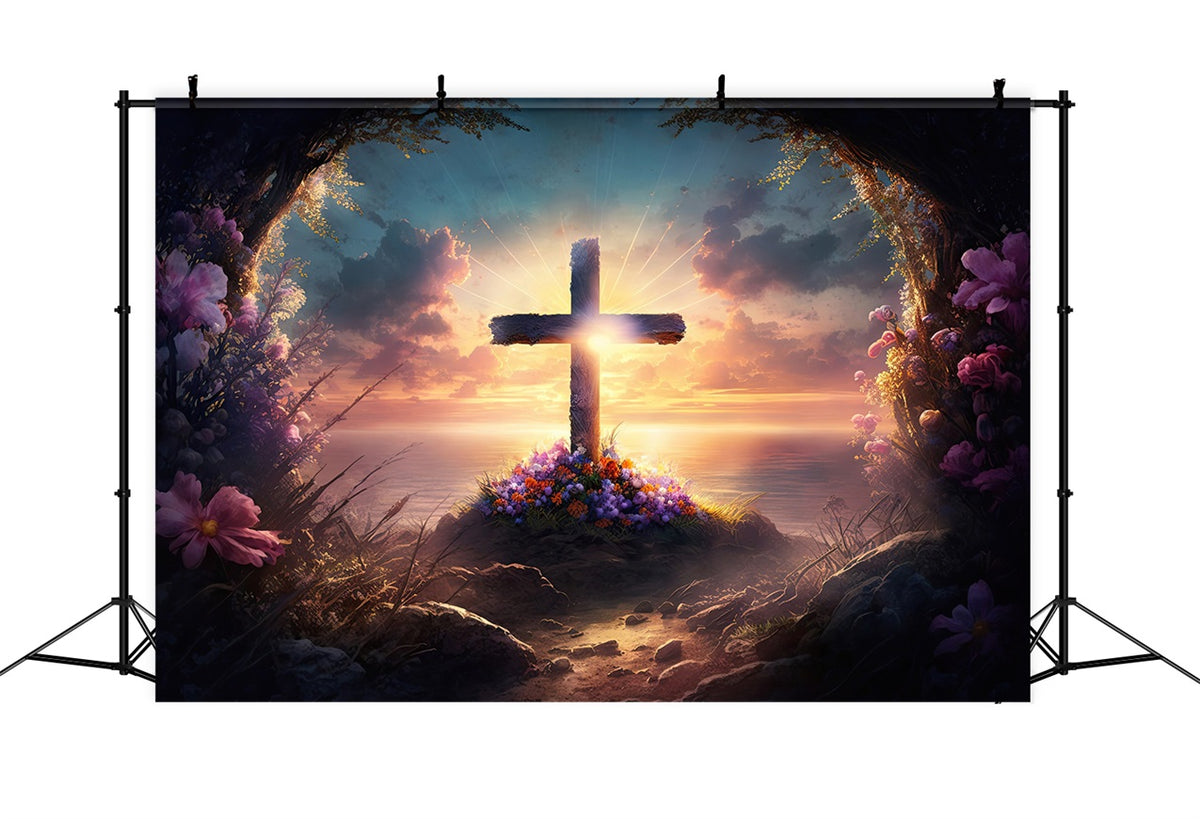 Photography Easter Backdrop Cross Floral Cliffside Sunset Backdrop BRP