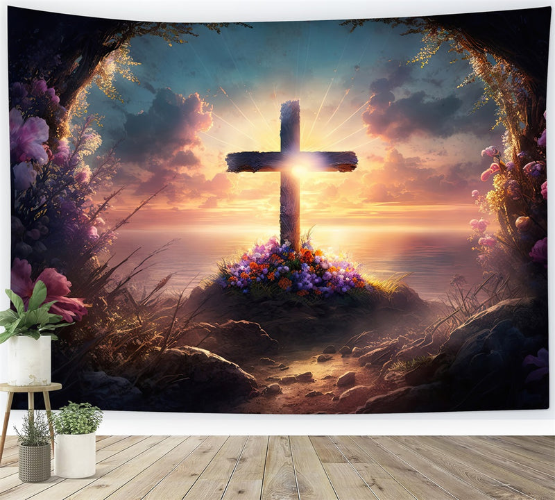 Photography Easter Backdrop Cross Floral Cliffside Sunset Backdrop BRP