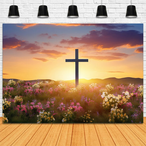 Easter Photography Backdrop Vibrant Blooming Meadow Cross Backdrop BRP