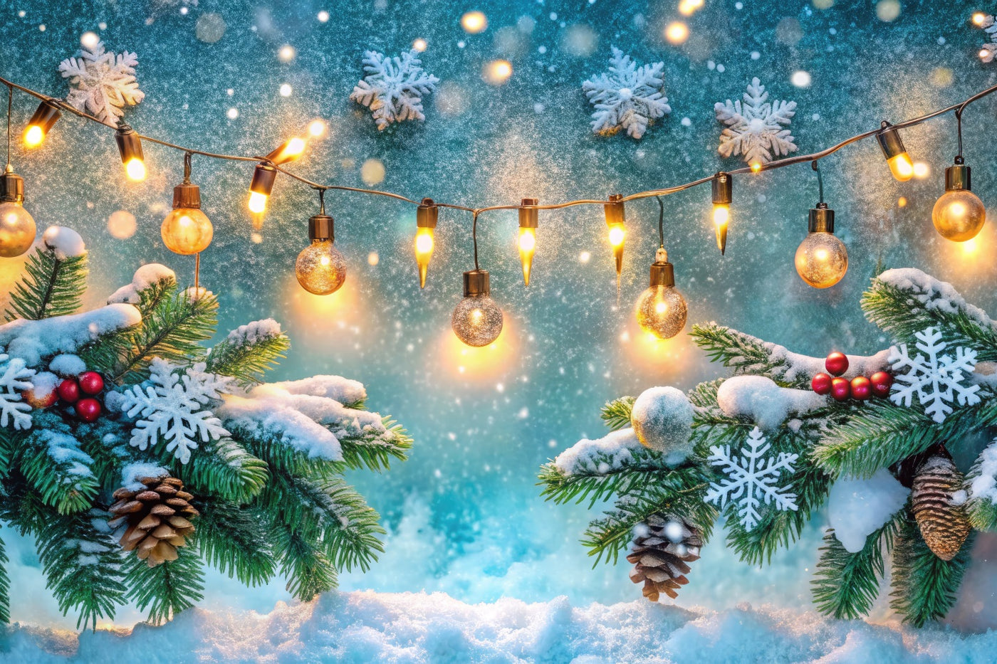 Winter Scene Backdrop Frosted Pinecones String Lights Backdrop BRP11-4