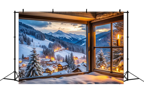Winter Snow Backdrop Mountain Village Through Window Backdrop BRP11-49
