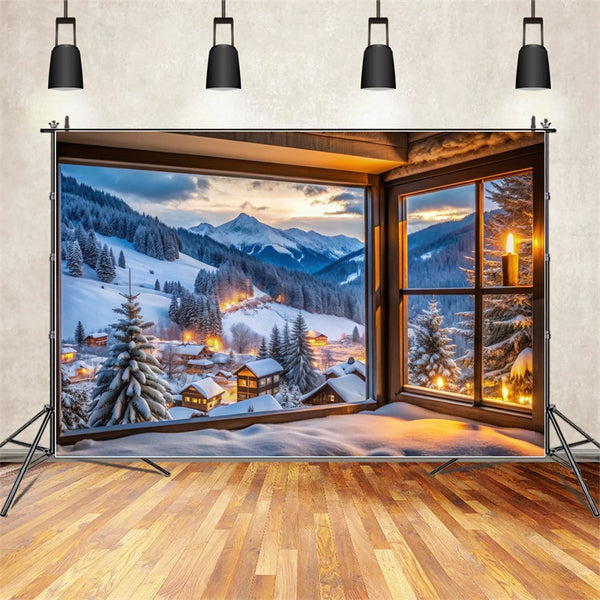 Winter Snow Backdrop Mountain Village Through Window Backdrop BRP11-49