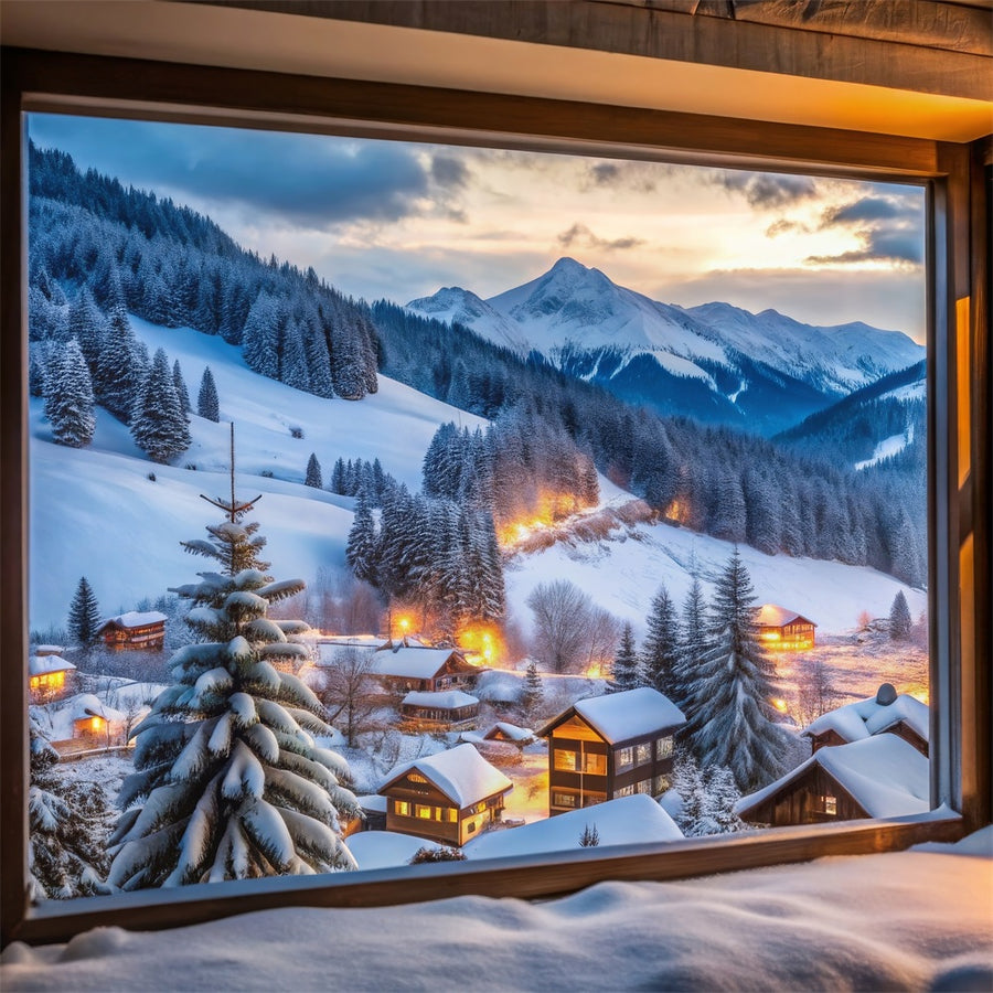 Winter Snow Backdrop Mountain Village Through Window Backdrop BRP11-49