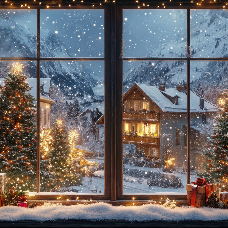 Winter Backdrops Christmas Village Lights Through Window Backdrop BRP1