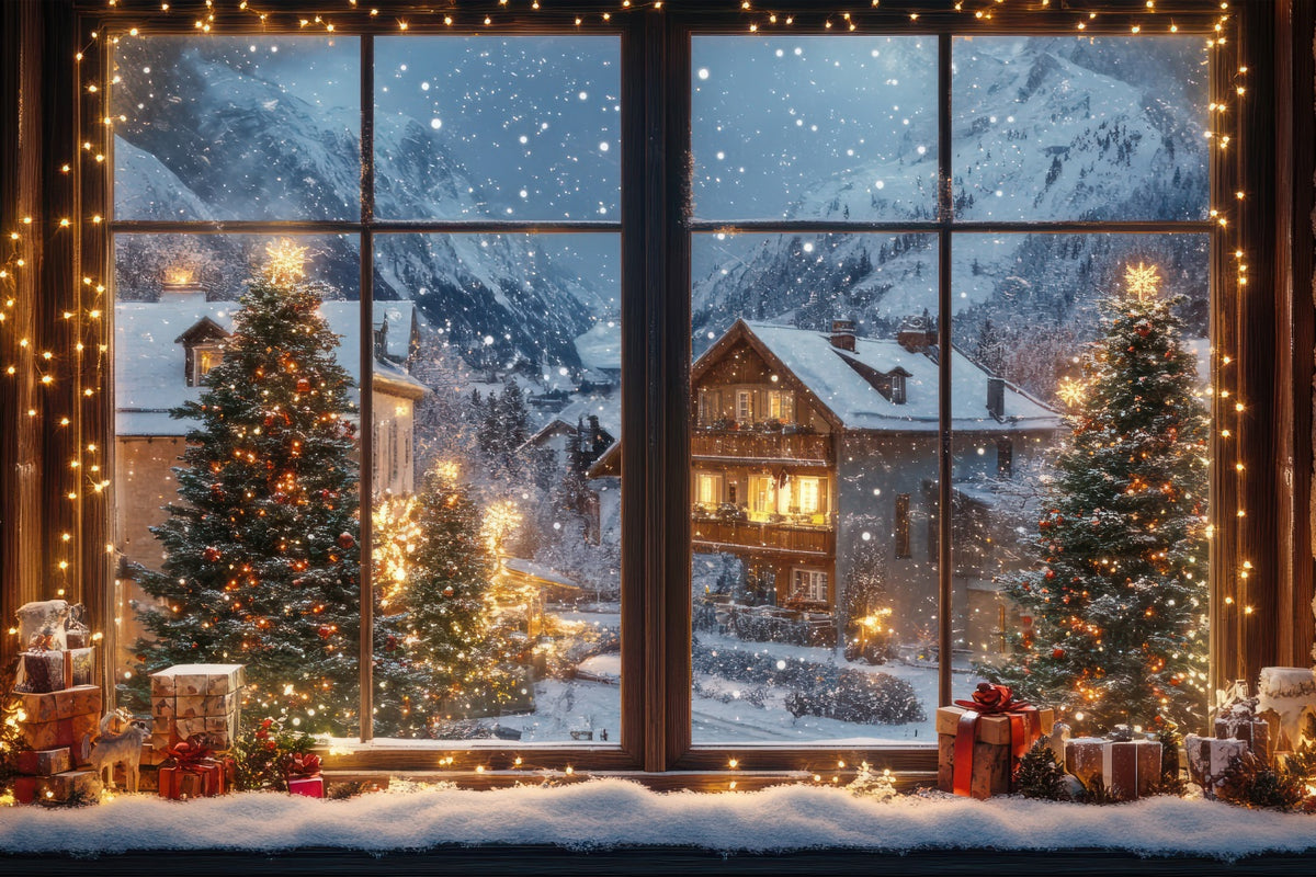 Winter Backdrops Christmas Village Lights Through Window Backdrop BRP1