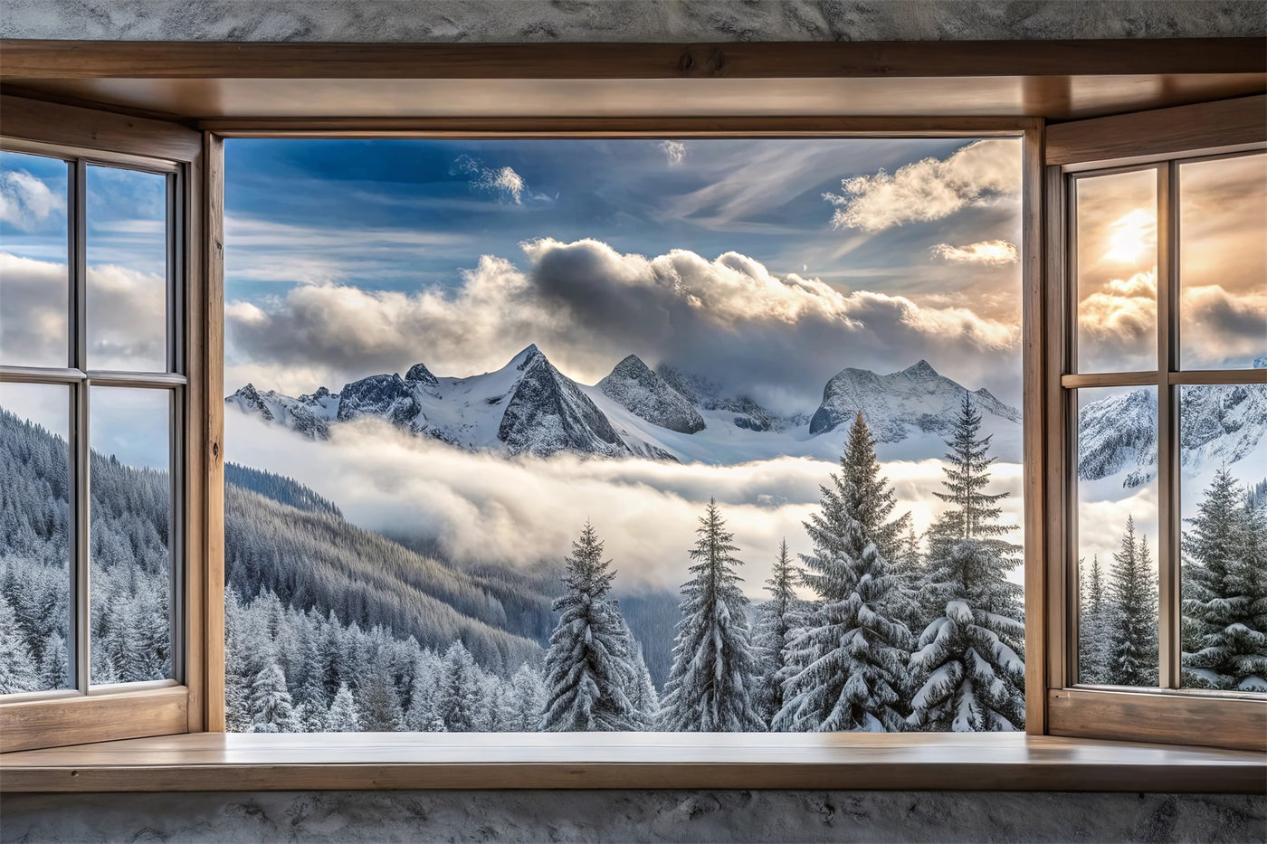 Winter Backdrops Photography Mountain Majesty Window Scene Backdrop BR
