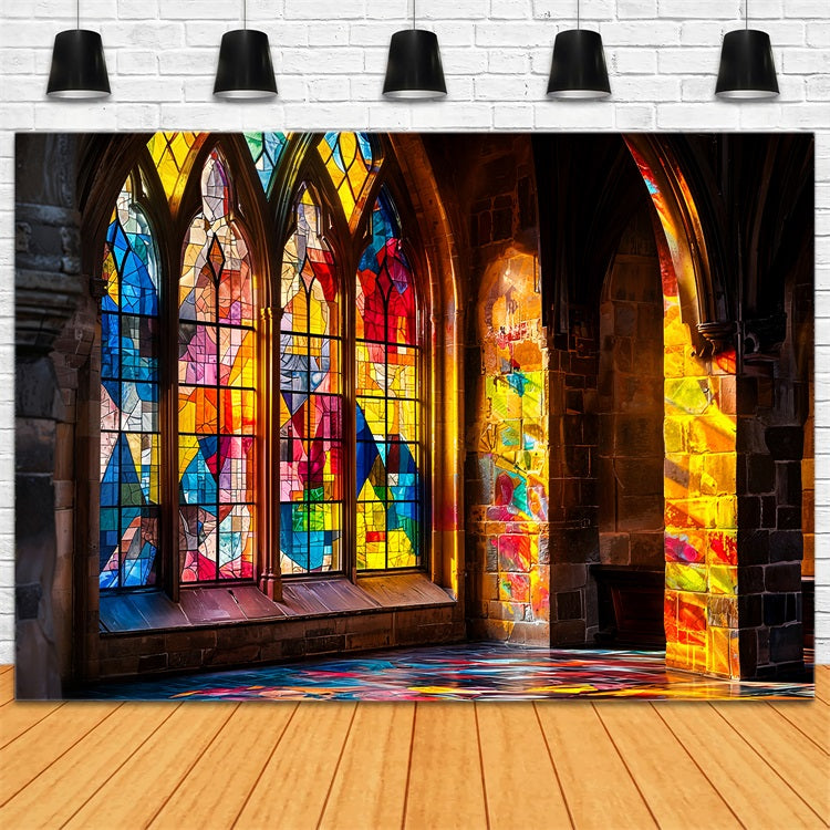 Vintage Backdrops Church Colored Glass Windows Backdrop BRP11-586