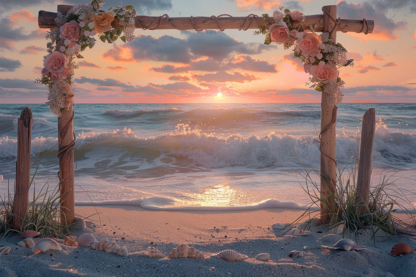 Wedding Backdrop Photography Sunset Beach Floral Arch Backdrop BRP12-3