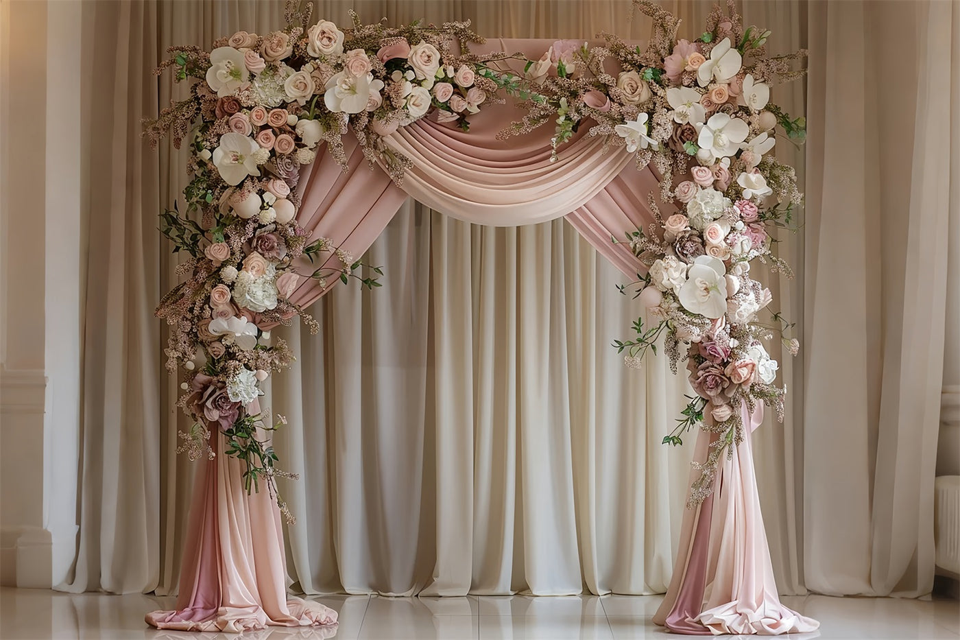 Wedding Photos Backdrop Blush Draped Floral Arch Backdrop BRP12-385