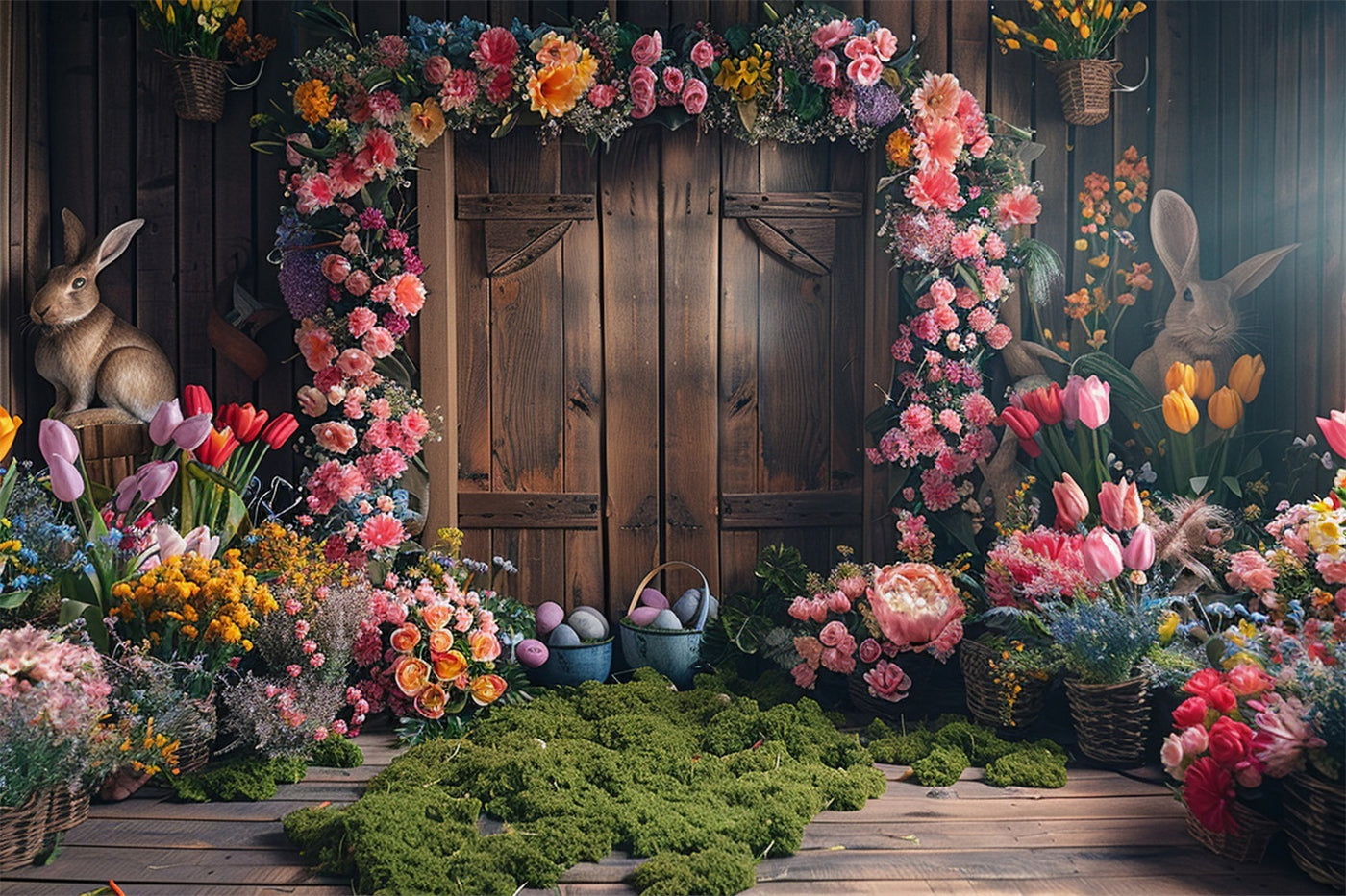 Easter Photo Backdrop Rustic Wooden Door Floral Bunny Backdrop BRP12-4