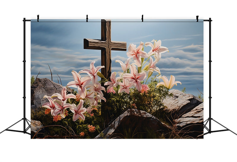 Easter Picture Backdrops Lilies Wooden Cross Photography Backdrop BRP1
