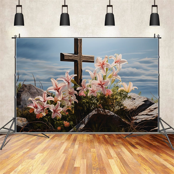 Easter Picture Backdrops Lilies Wooden Cross Photography Backdrop BRP1