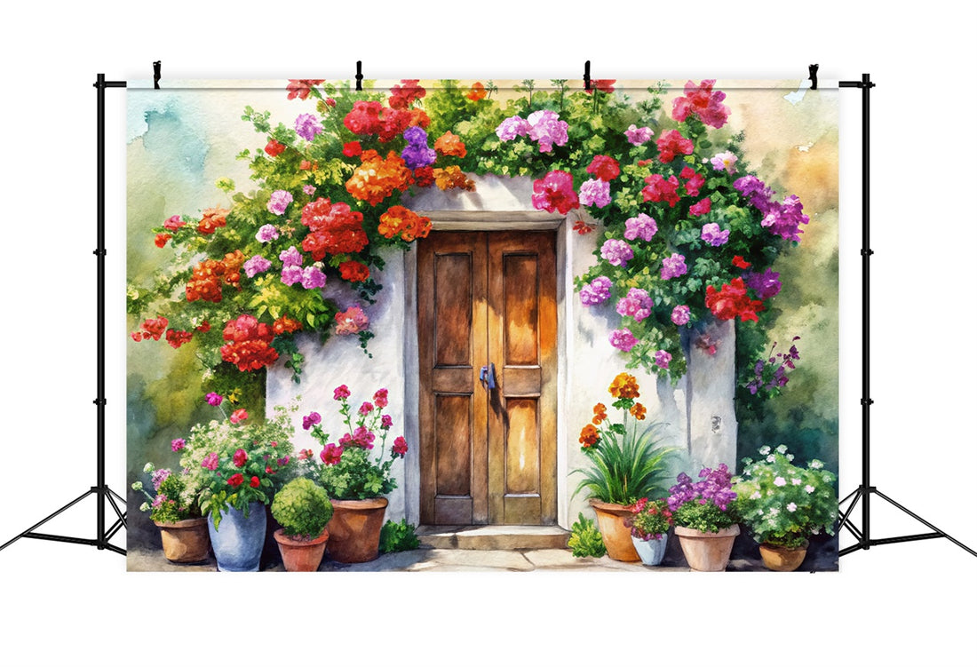 Spring Photography Backdrop Hand-Painted Cottage Door Floral Backdrop