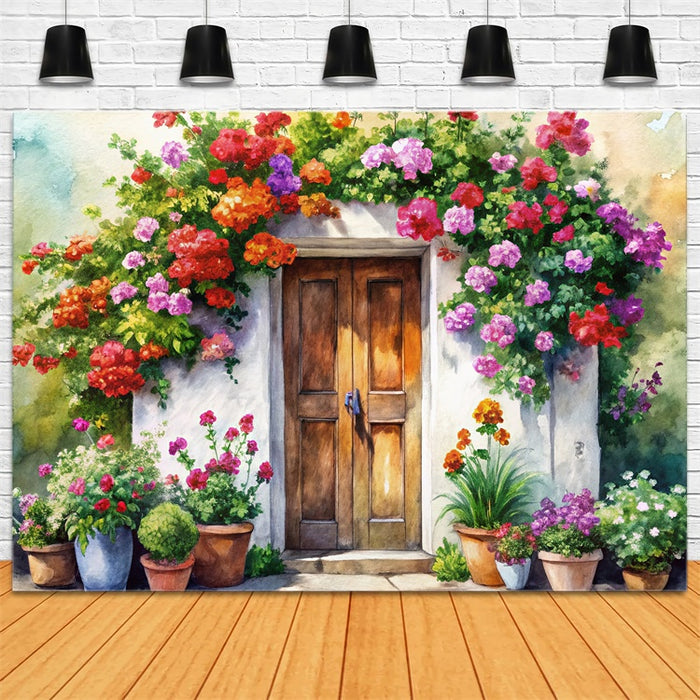 Spring Photography Backdrop Hand-Painted Cottage Door Floral Backdrop