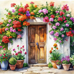 Spring Photography Backdrop Hand-Painted Cottage Door Floral Backdrop