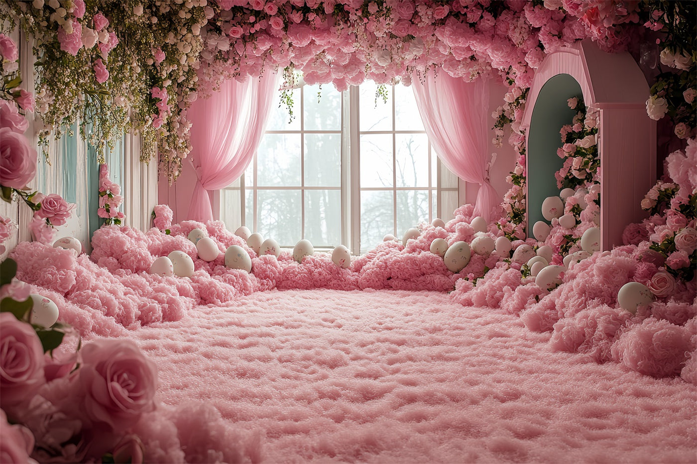 Easter Backdrop Photography Window Pink Rose Eggs Backdrop BRP12-751