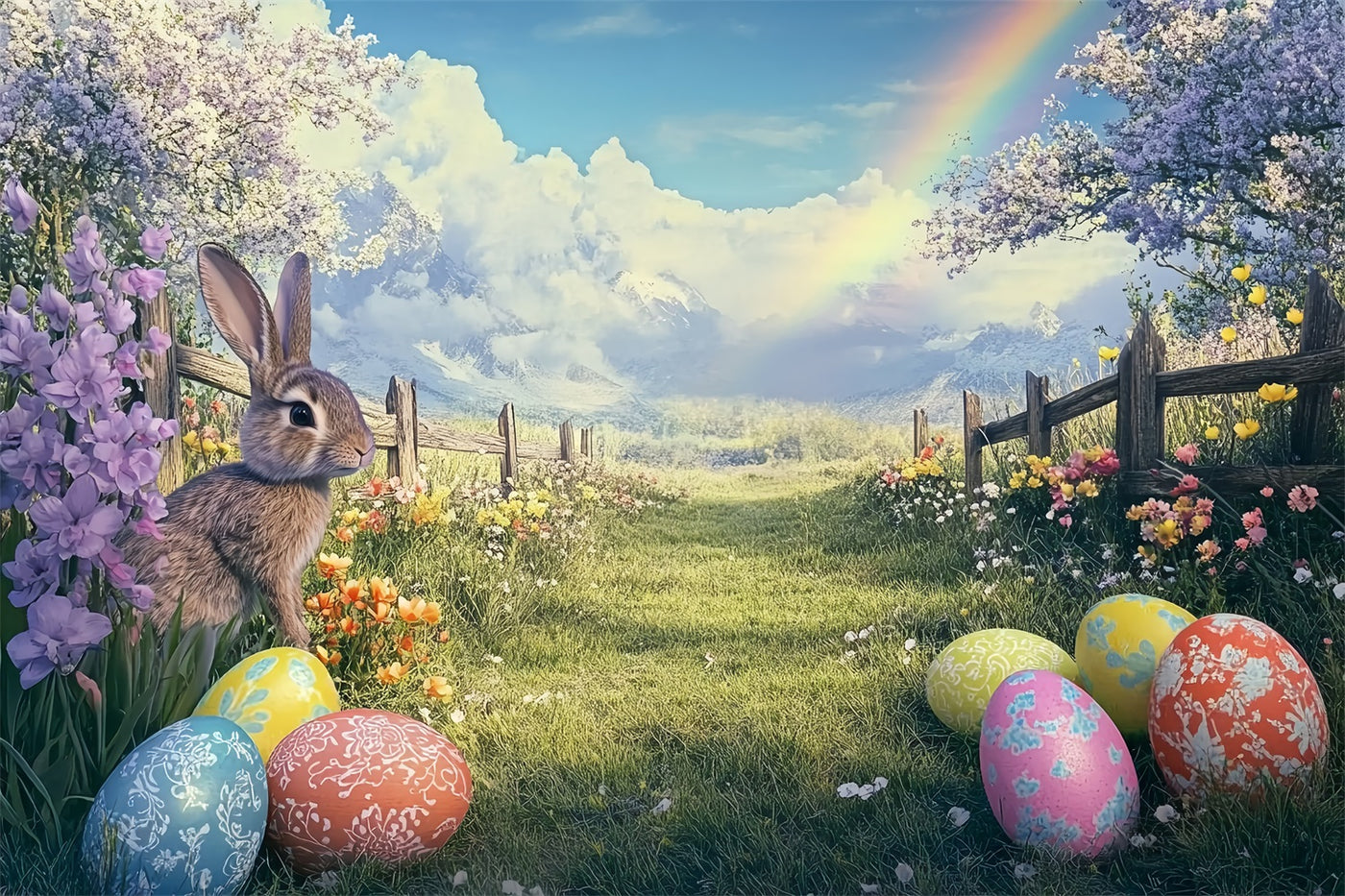 Easter Bunny Photo Backdrop Springtime Rainbow Egg Field Backdrop BRP1