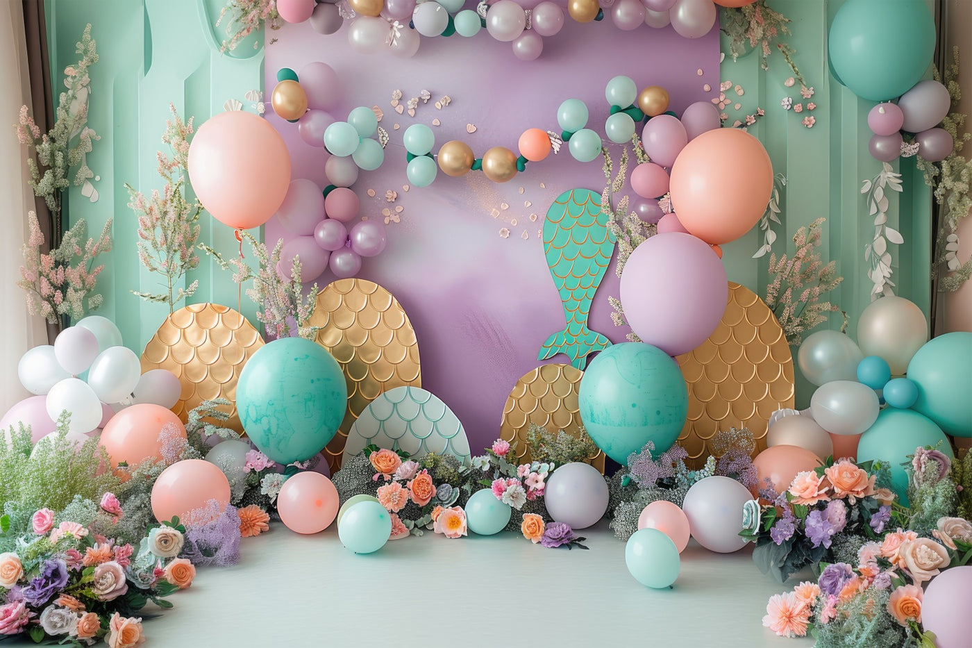 Mermaid Party Backdrops Oceanic Fantasy Balloon Flower Backdrop BRP12-