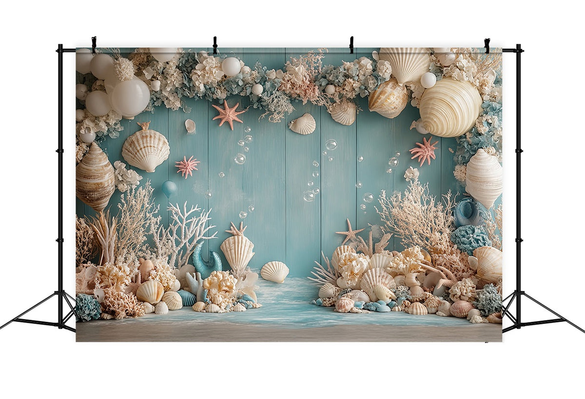 Mermaid Backdrop Oceanic Creatures Seashell Balloon Flower Backdrop BR