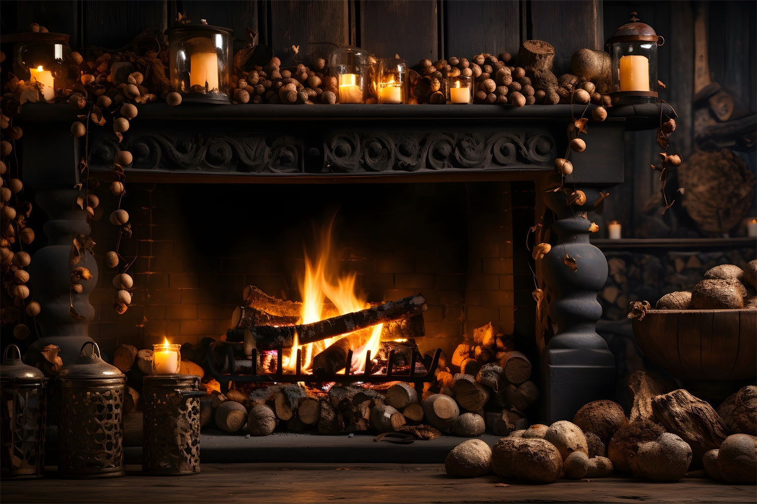 Autumn Black Fireplace and Firewood Photography Backdrop BRP7-131 ...