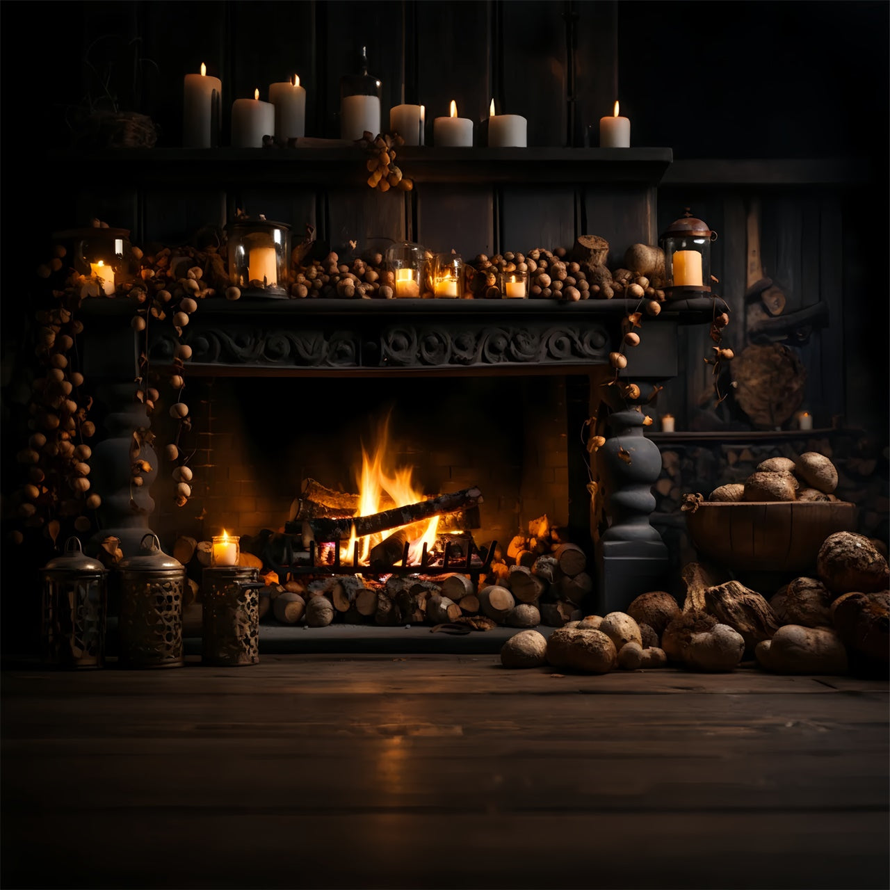 Autumn Black Fireplace and Firewood Photography Backdrop BRP7-131 ...